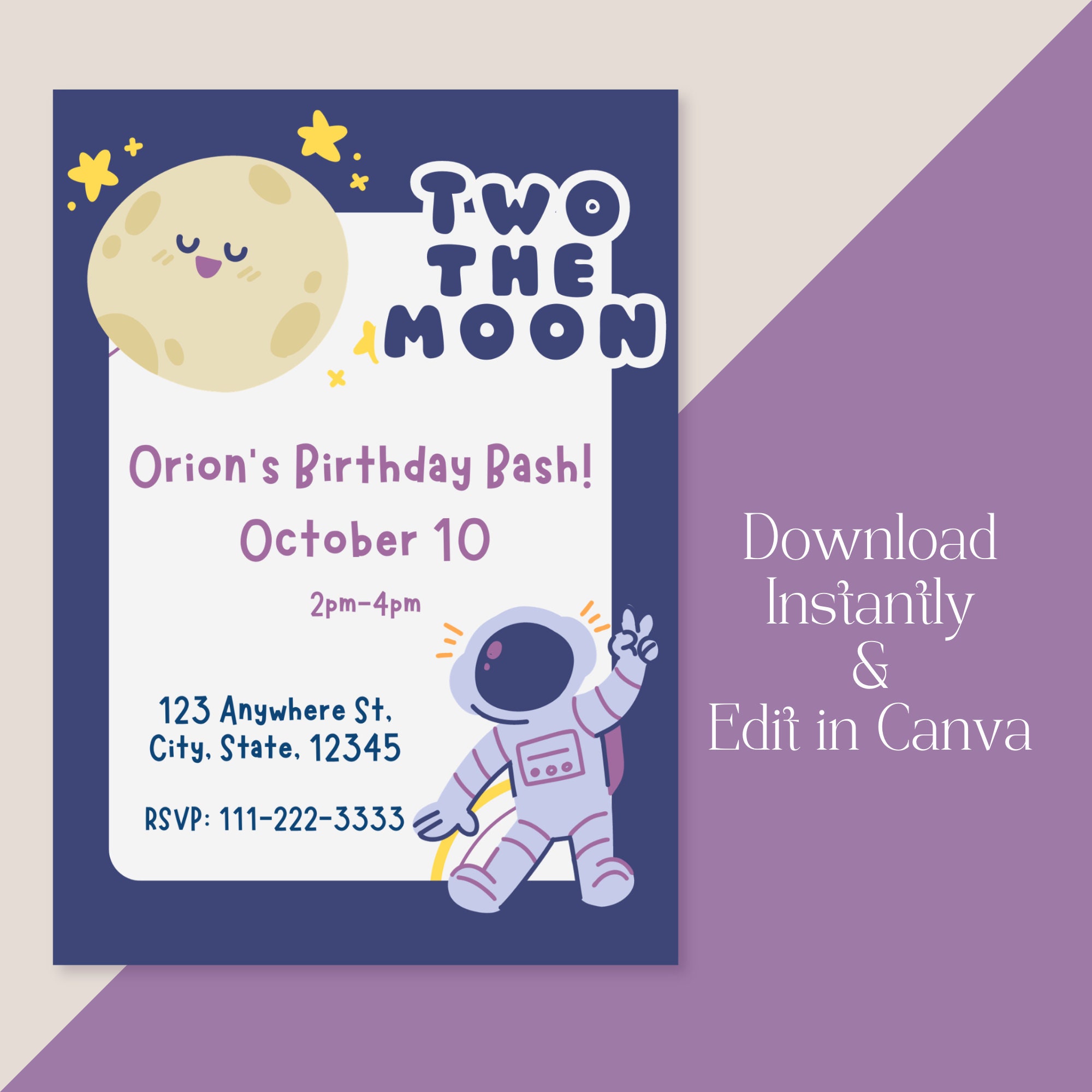 Two the Moon Birthday Party Printable Invitation Editable Canva Second ...