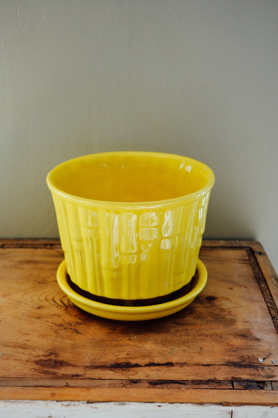 Mccoy Yellow Mccoy Planter W/attached Saucer - Bambo Pattern - Vintage ...