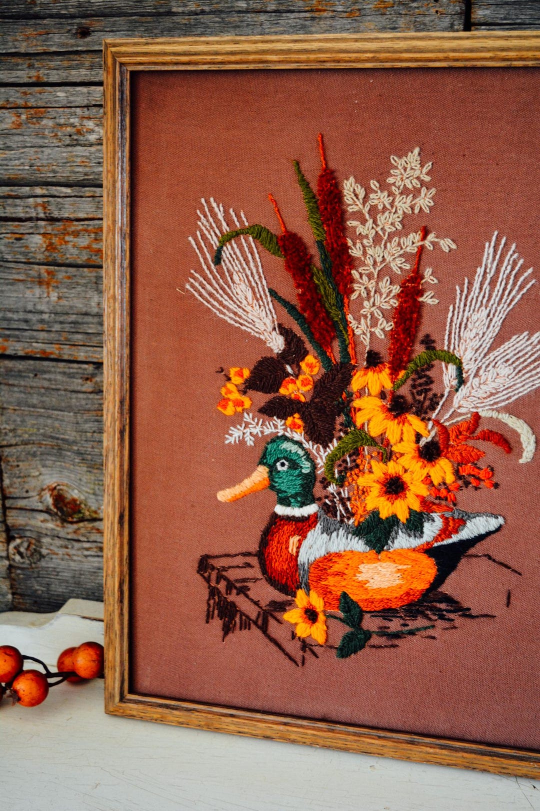 Vintage Crewel Embroidery Duck, Vintage Crewel Embroidery, Vintage Fall ...