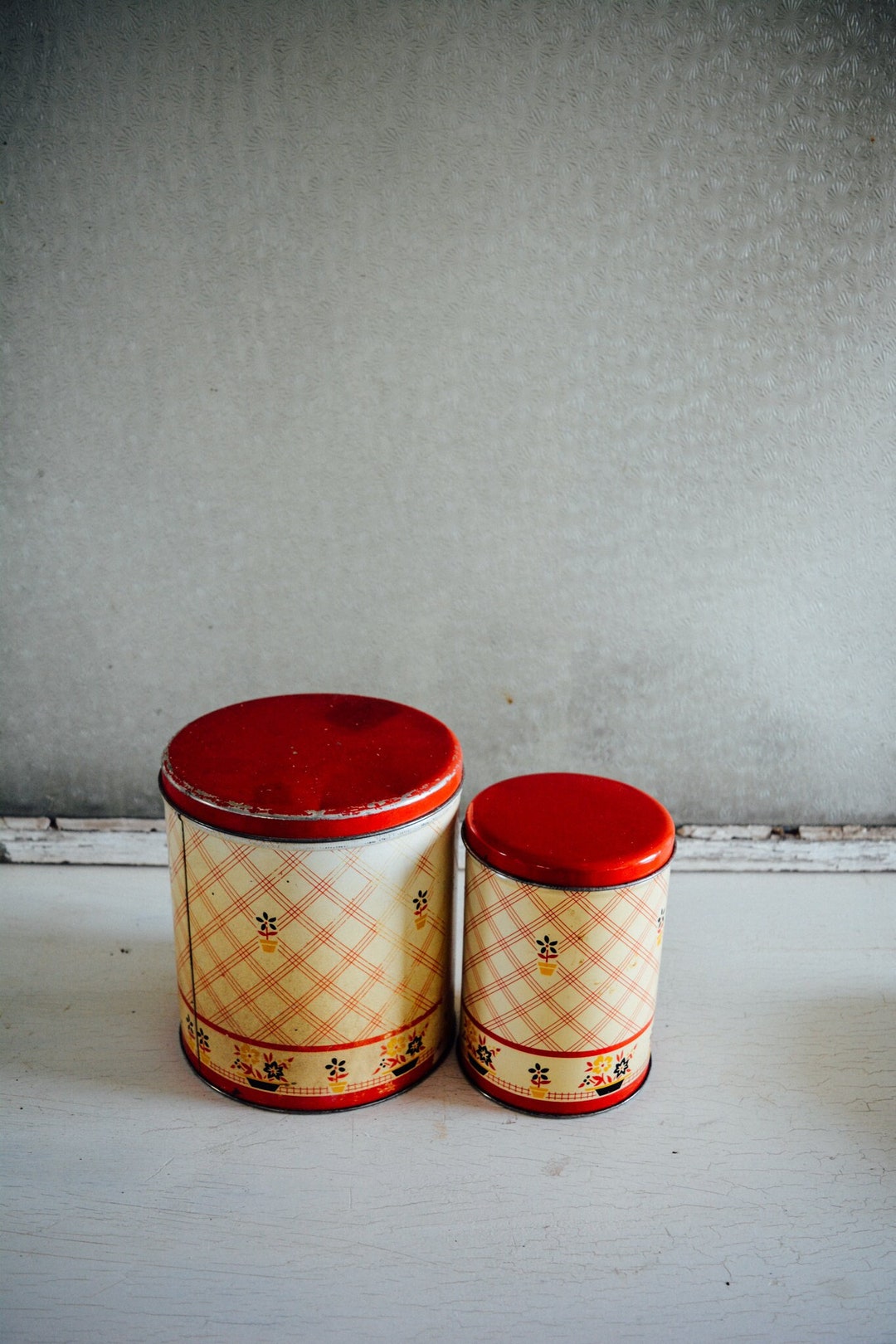 Pair Vintage Tins, Vintage Tin, Red Pattern Tin, Gorgeous Patina ...