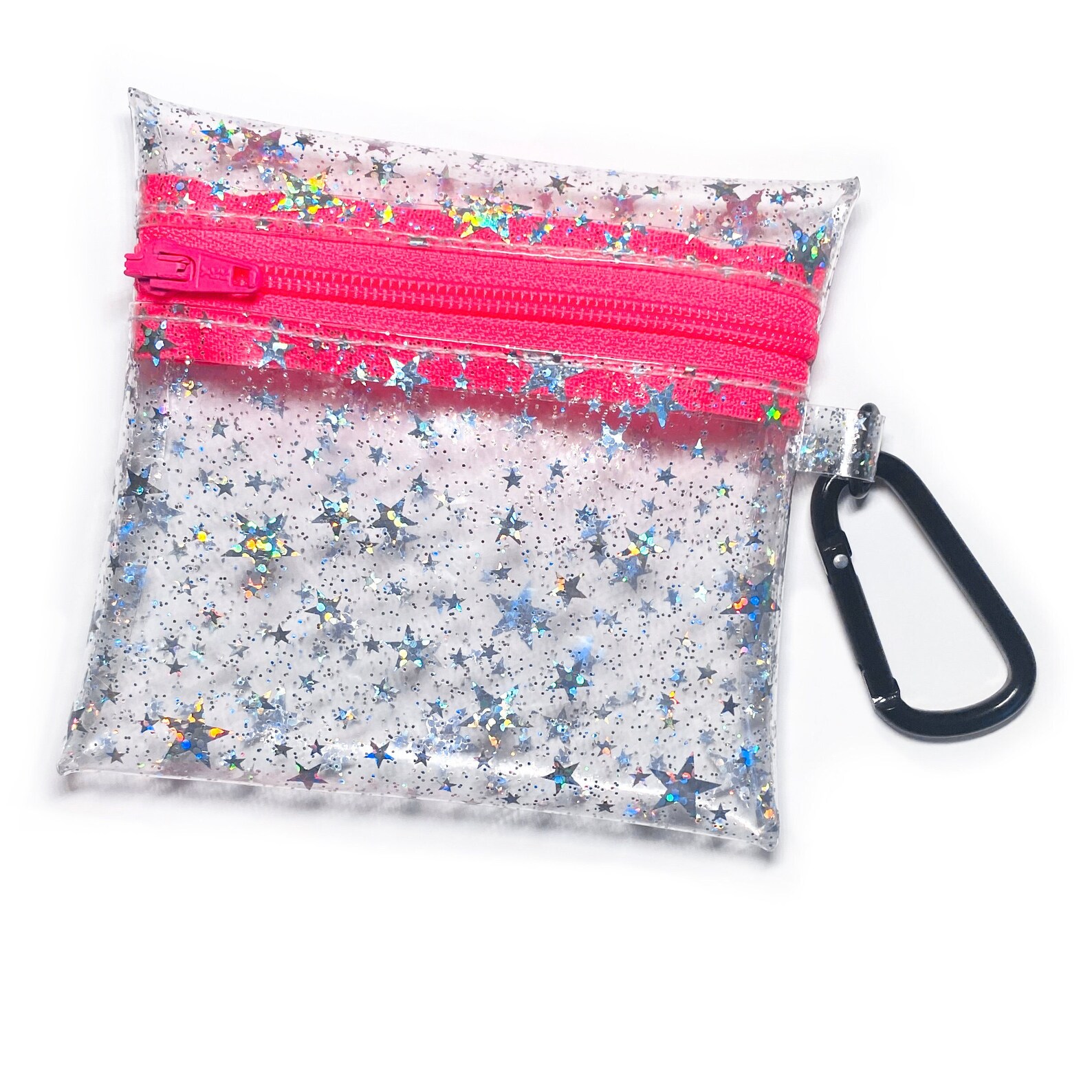 Pink Zipper Coin Pouch Clear Vinyl Iridescent Holographic Stars ...