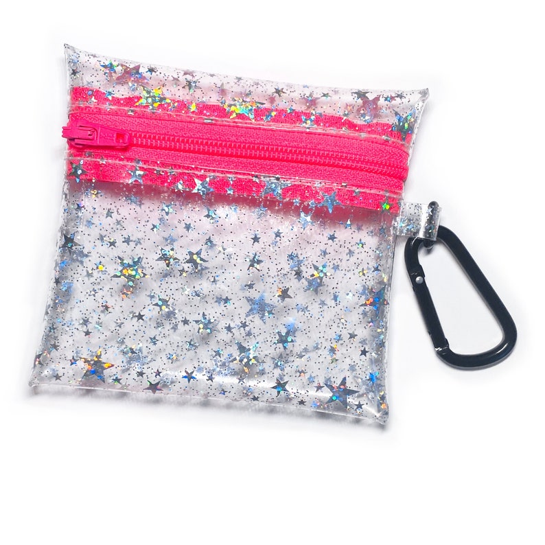 Pink Zipper Coin Pouch Clear Vinyl Iridescent Holographic Stars ...