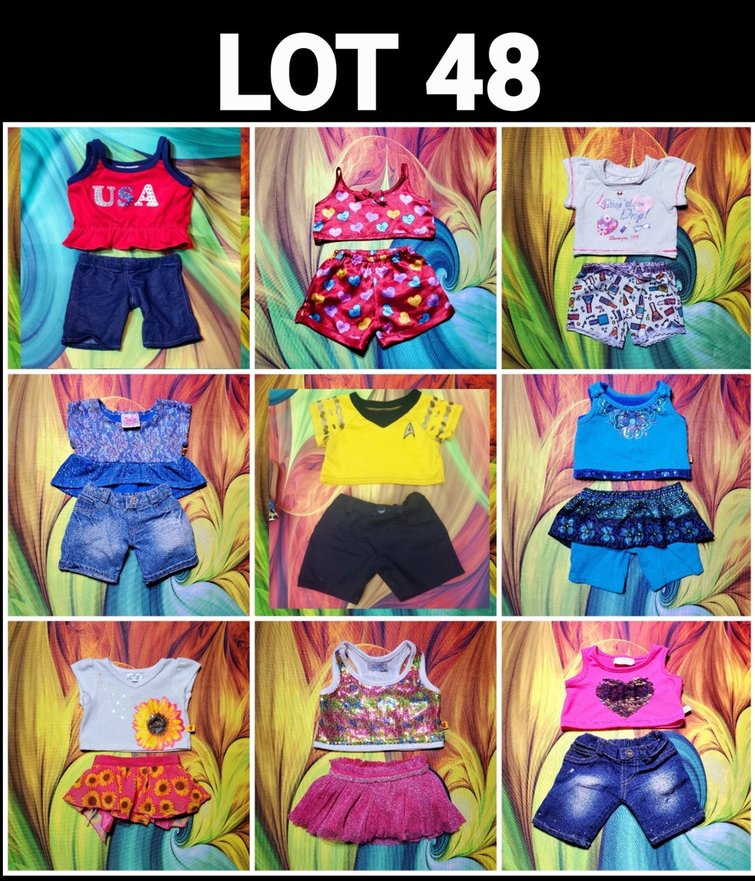 Build A Bear 2 Pc Outfit Shirt Skirt Shorts Denim Sequined Tulle Teddy ...