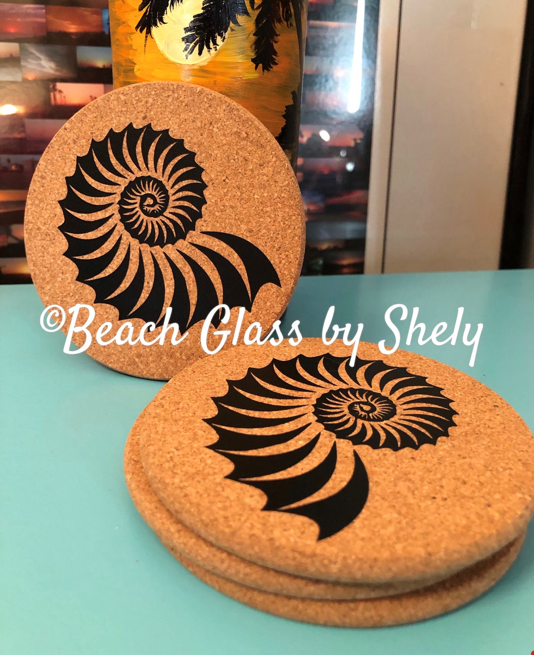 Beach Coasters, Beach Decor, Nautilus Shell, Tropical Coasters, Kitchen ...