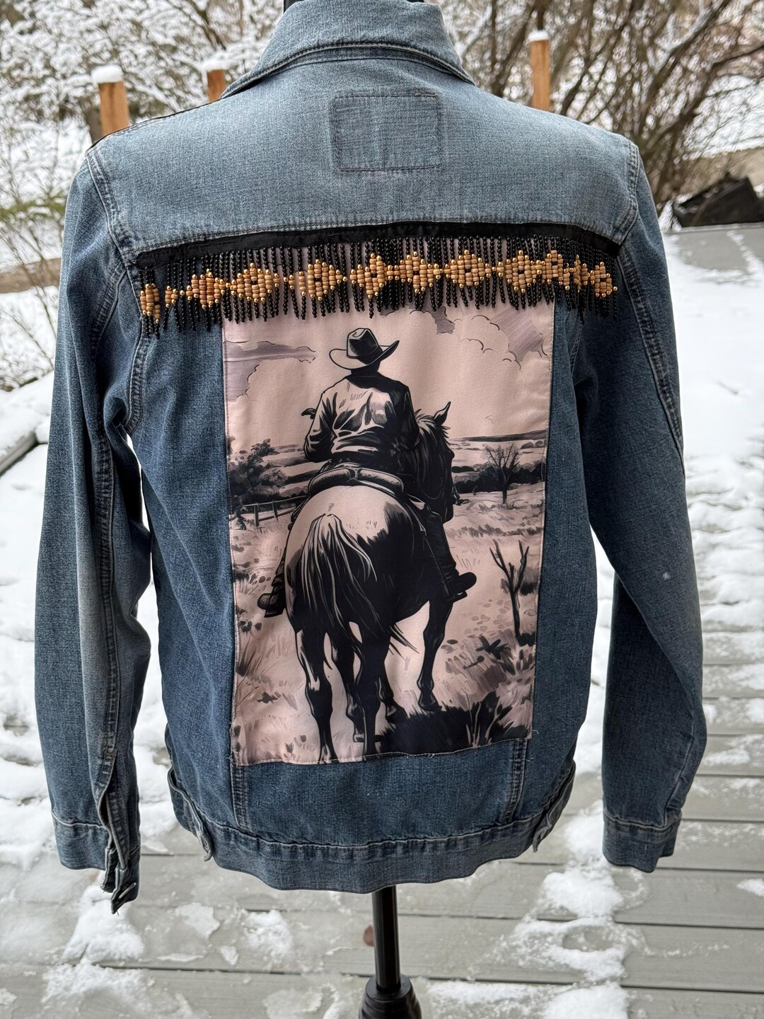 Cowboy Denim Jacket With Fringe and Cowboy - Etsy