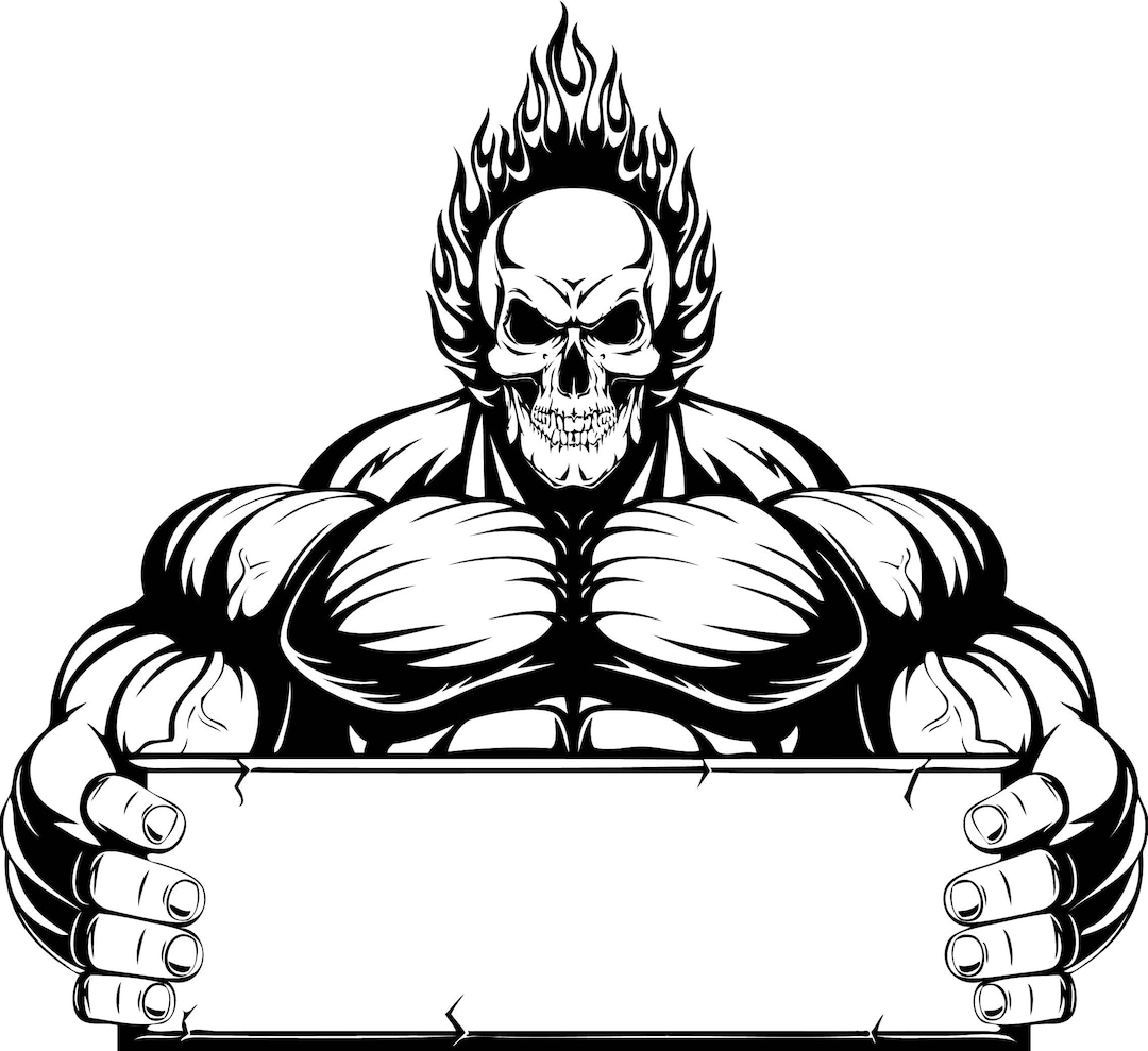 Bodybuilder 5 Muscle Banner Skull Fire Fit Weightlifting Bodybuilding ...