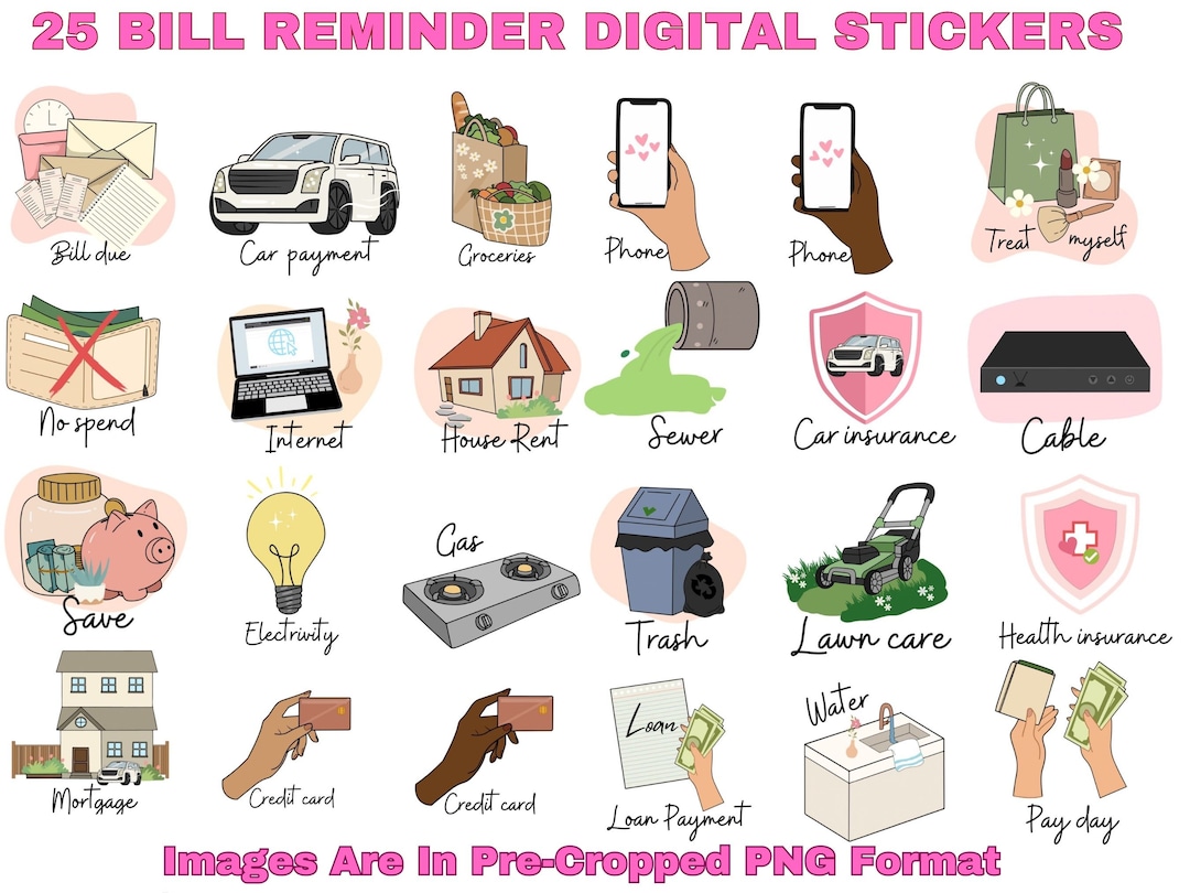 25 Piece Pre Cropped Bill Payment Reminder Icons Digital & Printable ...