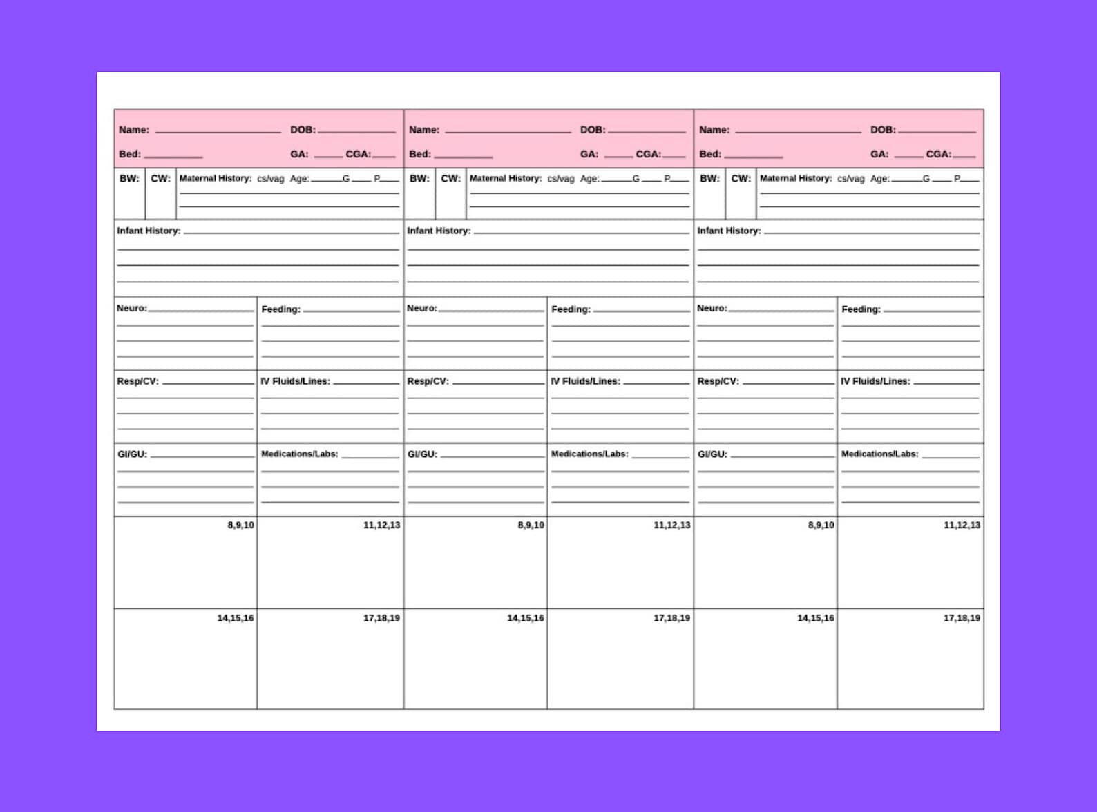 7 Pack NICU THREE 3 Patient Printable Nursing Sheet Neonatal Intensive ...