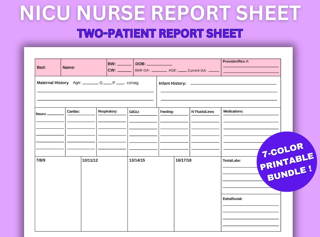 7 Pack NICU TWO Patient Printable Nursing Sheet Colors Neonatal ...