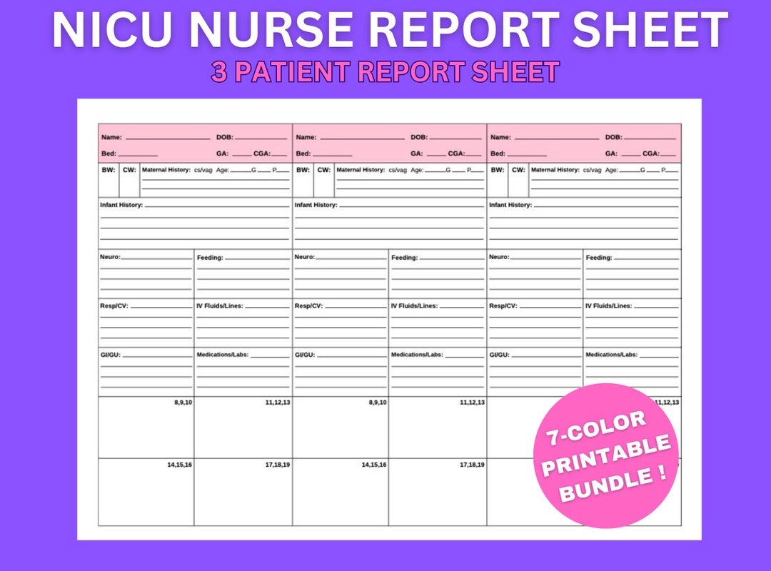7 Pack NICU THREE 3 Patient Printable Nursing Sheet Neonatal Intensive ...