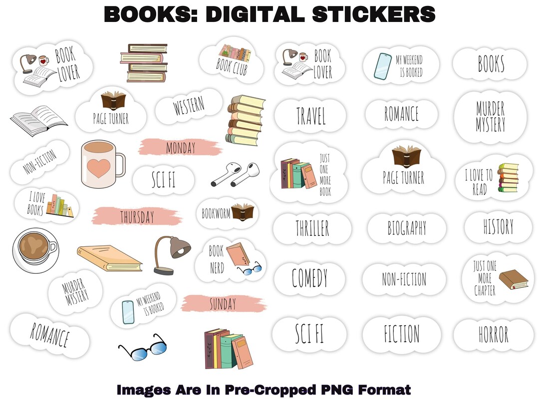 Books Digital Stickers for Goodnotes Reading Stickers Pre Cropped for ...