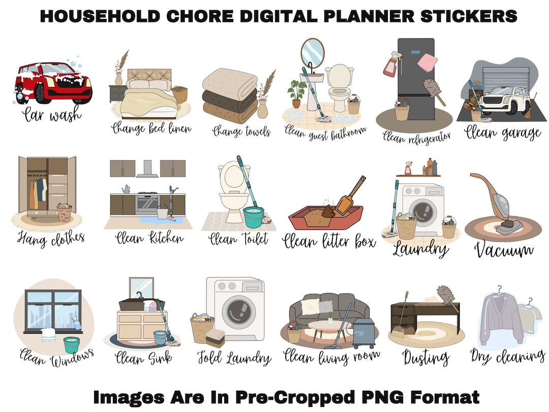 Household Chore Cleaning Digital Planner Stickers Pre Cropped for ...