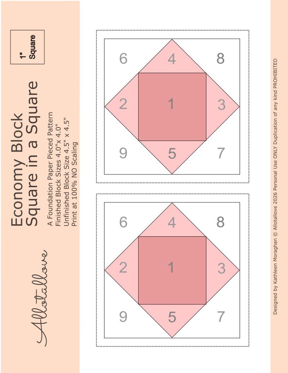 Economy or Square in a Square Quilt Block FPP Pattern Finished 4" X 4 ...