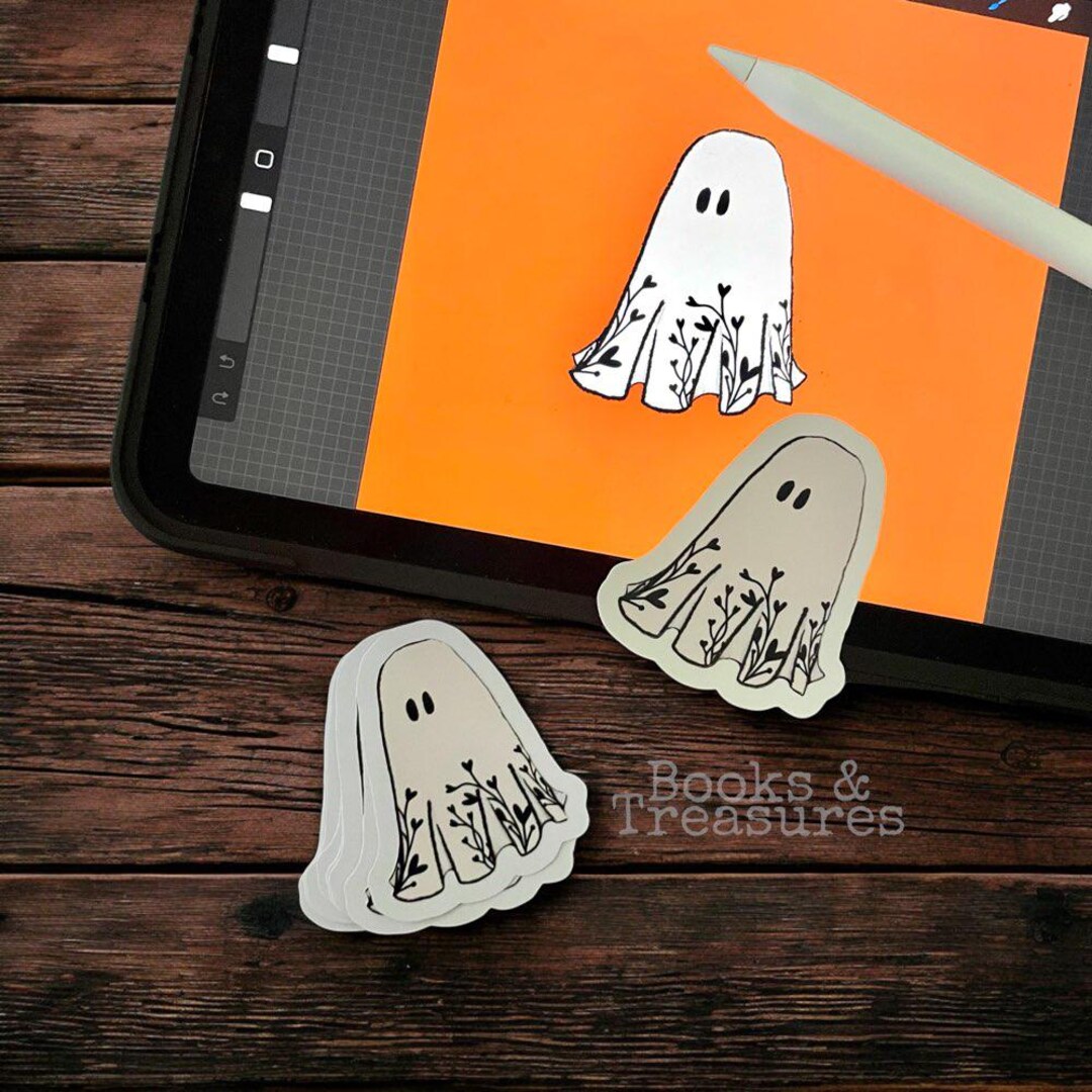Spooky Cute Ghost Sticker - Hand-drawn Phantom With Black Vine Like ...