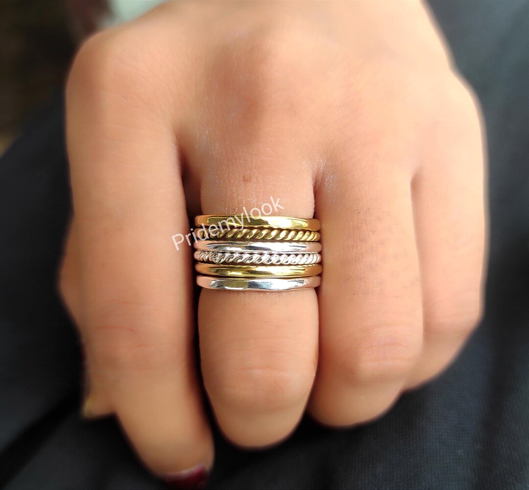 Set of 6 Sterling Silver Stacking Rings, 14k Gold Thin & Thick Rings, Assorted Pattern Rings ...