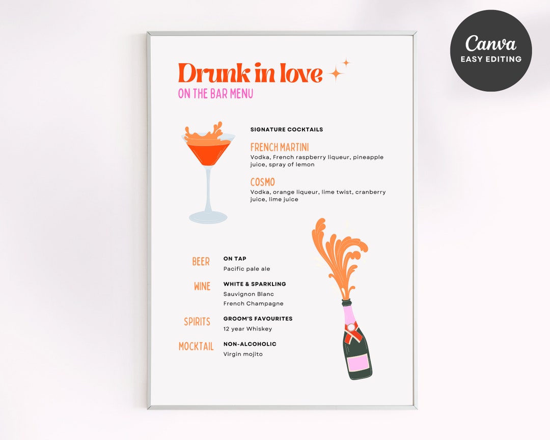 Aesthetic Drinks Menu Template, Bachelorette Wedding Bar Menu, Retro ...