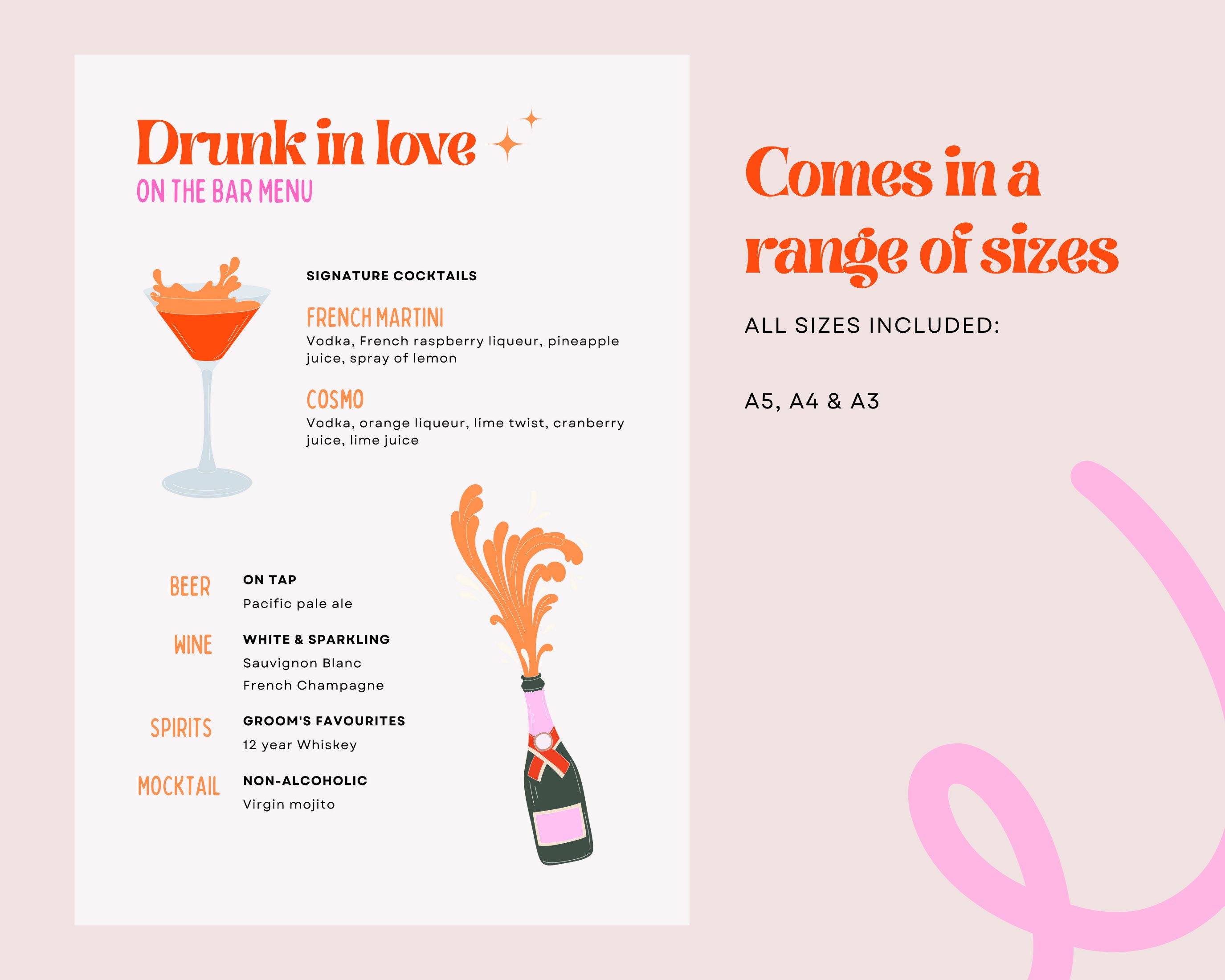 Aesthetic Drinks Menu Template, Bachelorette Wedding Bar Menu, Retro ...