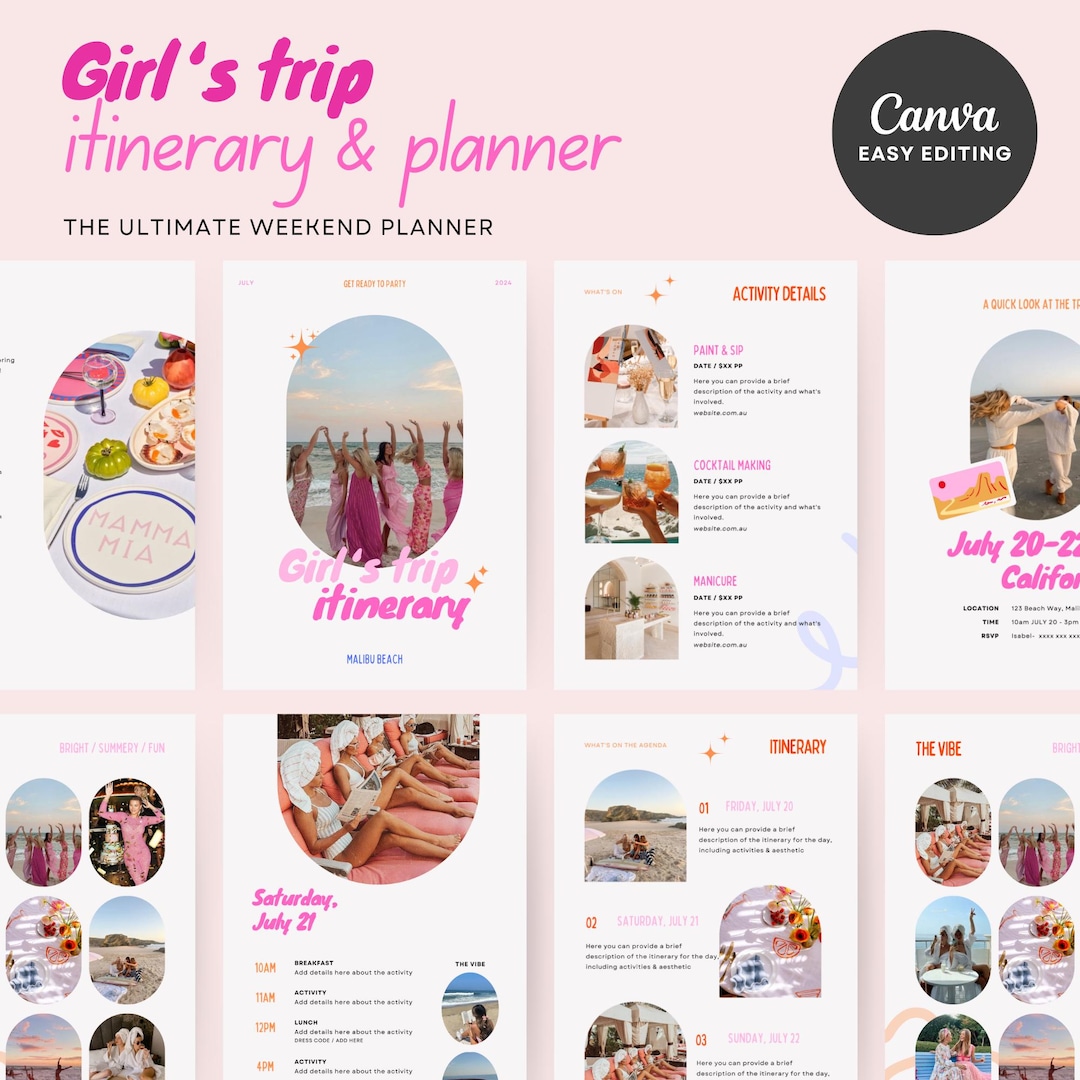 Girls Trip Itinerary Template: Customizable Travel Planner (canva ...