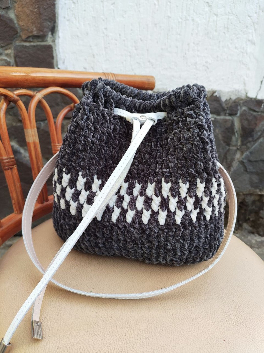 Crochet Drawstring Bucket Bag Knit Handbag Gray Corduroy Bag - Etsy
