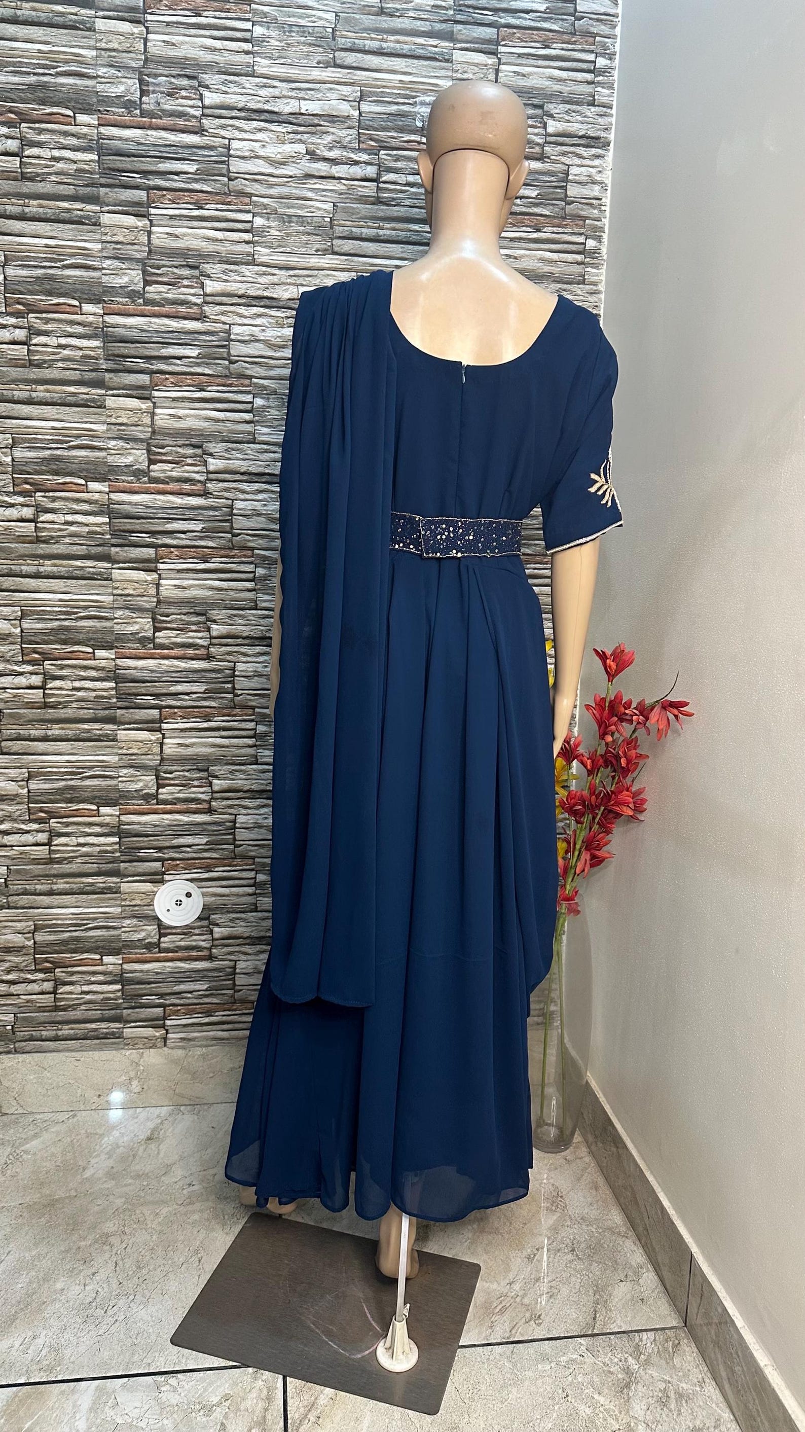Navy Blue Georgette Gown: Embroidered Sleeve Indo Western Dress - Etsy