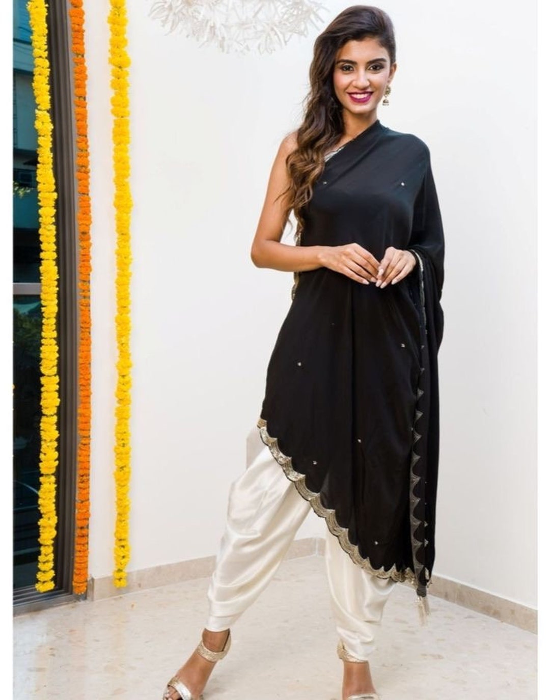 One Shoulder Kaftan Kurta in Satin Silk With Dhoti Pants Designer ...