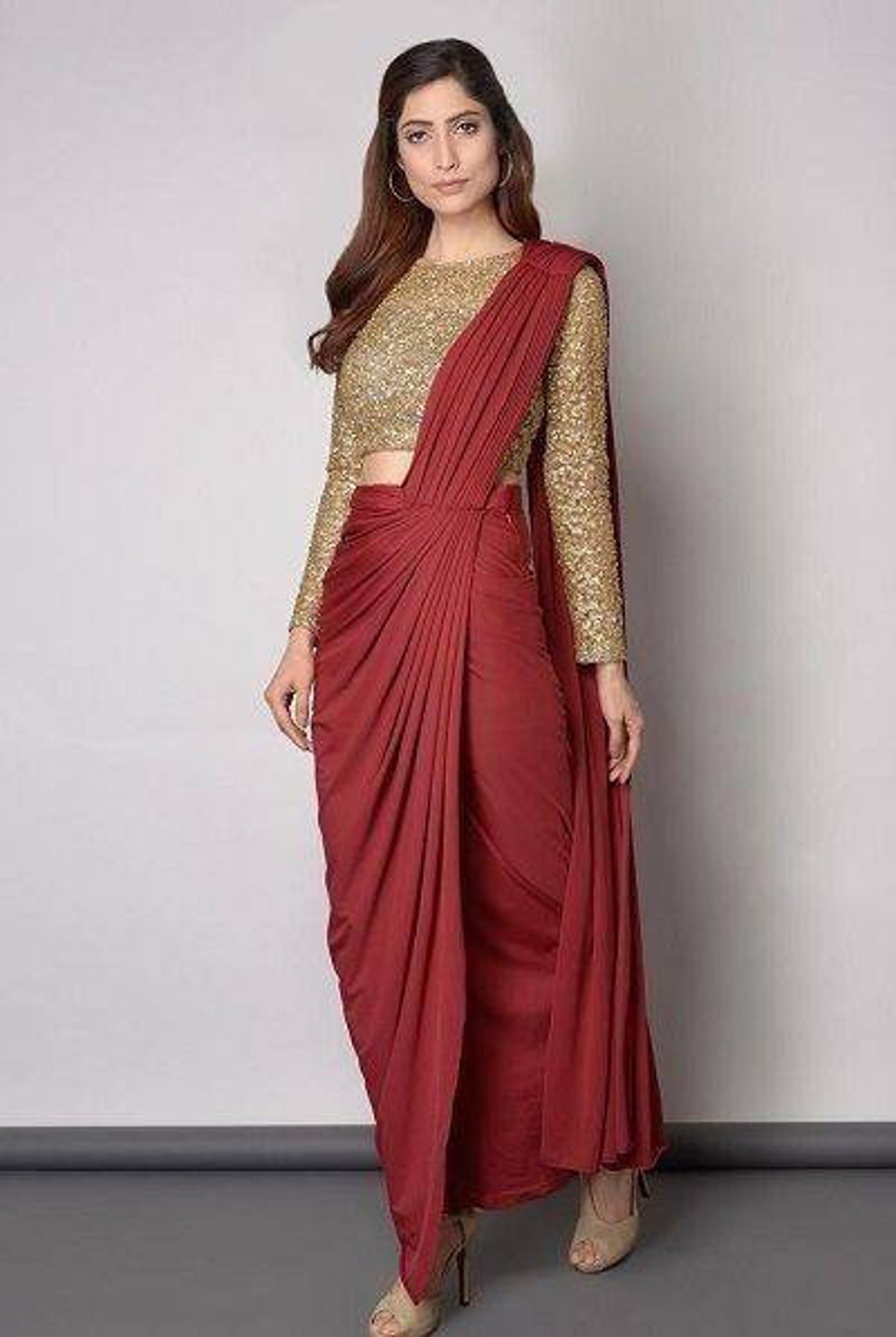 Custom Made Party Wear Drape Saree Pre Stitch Saree Dhoti Saree With ...