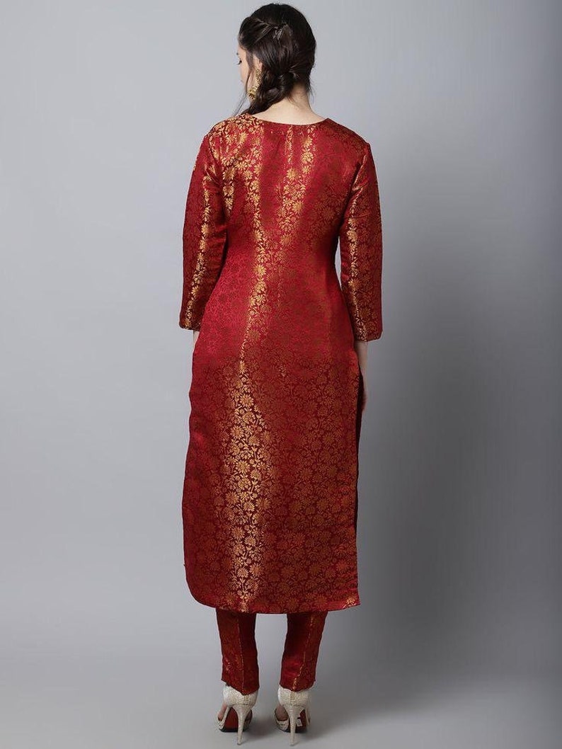 Red Banarse Brocade Salwar Suit Fir Women Pakistani Silk Kurti With ...