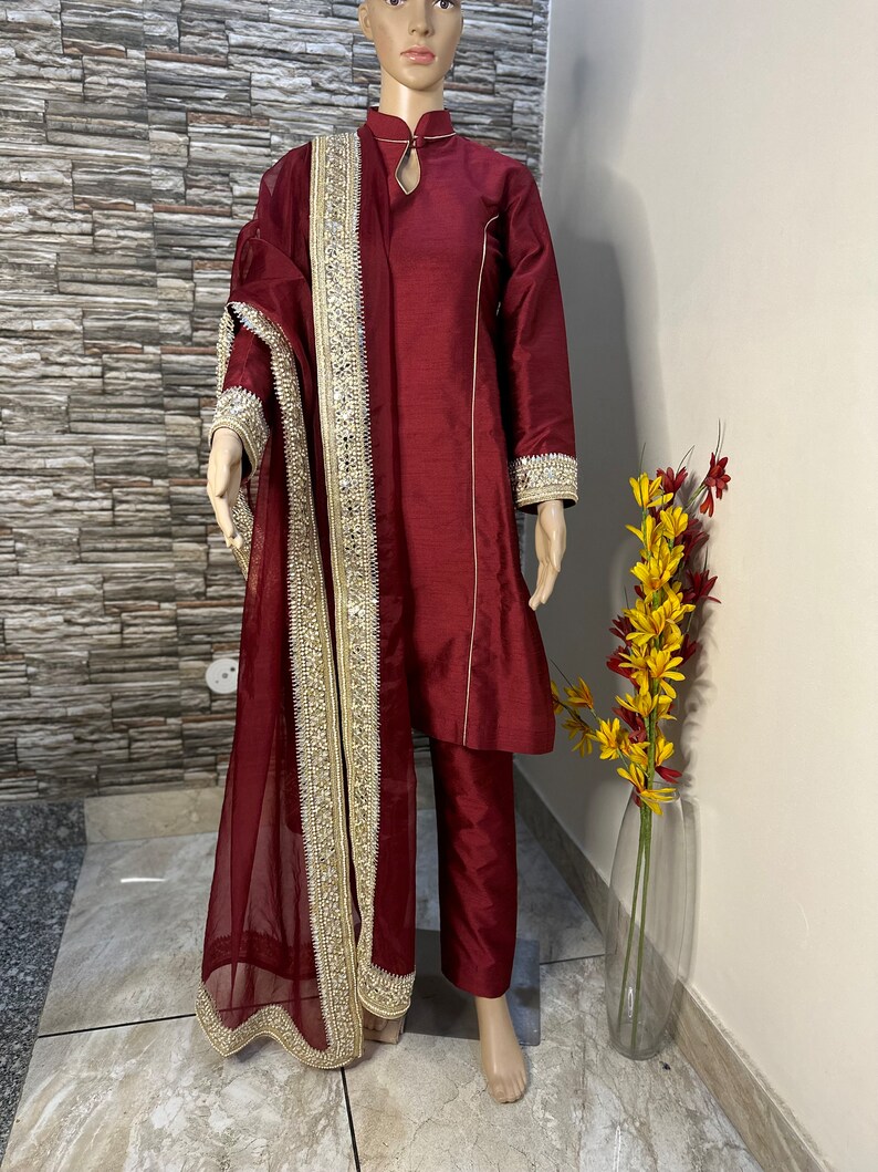 Maroon Raw Silk Salwar Kameez Custom Made Indian Ethnic Outfit Punjabi ...