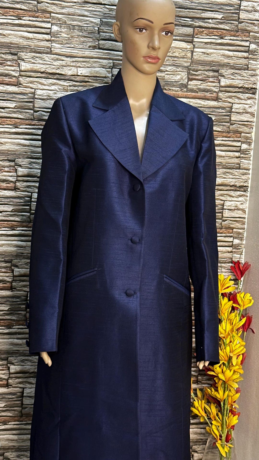 Raw Silk Navy Blue Long Coat/women Long Blazer/gift for Her/mother of Bride Outfit/office Wear ...