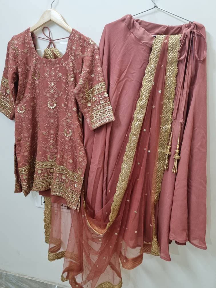 Onion Pink Lucknowi Chikankari Kurti With Sharara Indian - Etsy