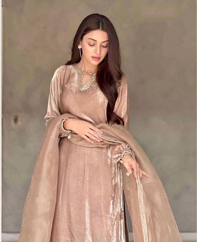 Pakistani Velvet Salwar Suit With Embroidry Long Kurto With Afgani ...