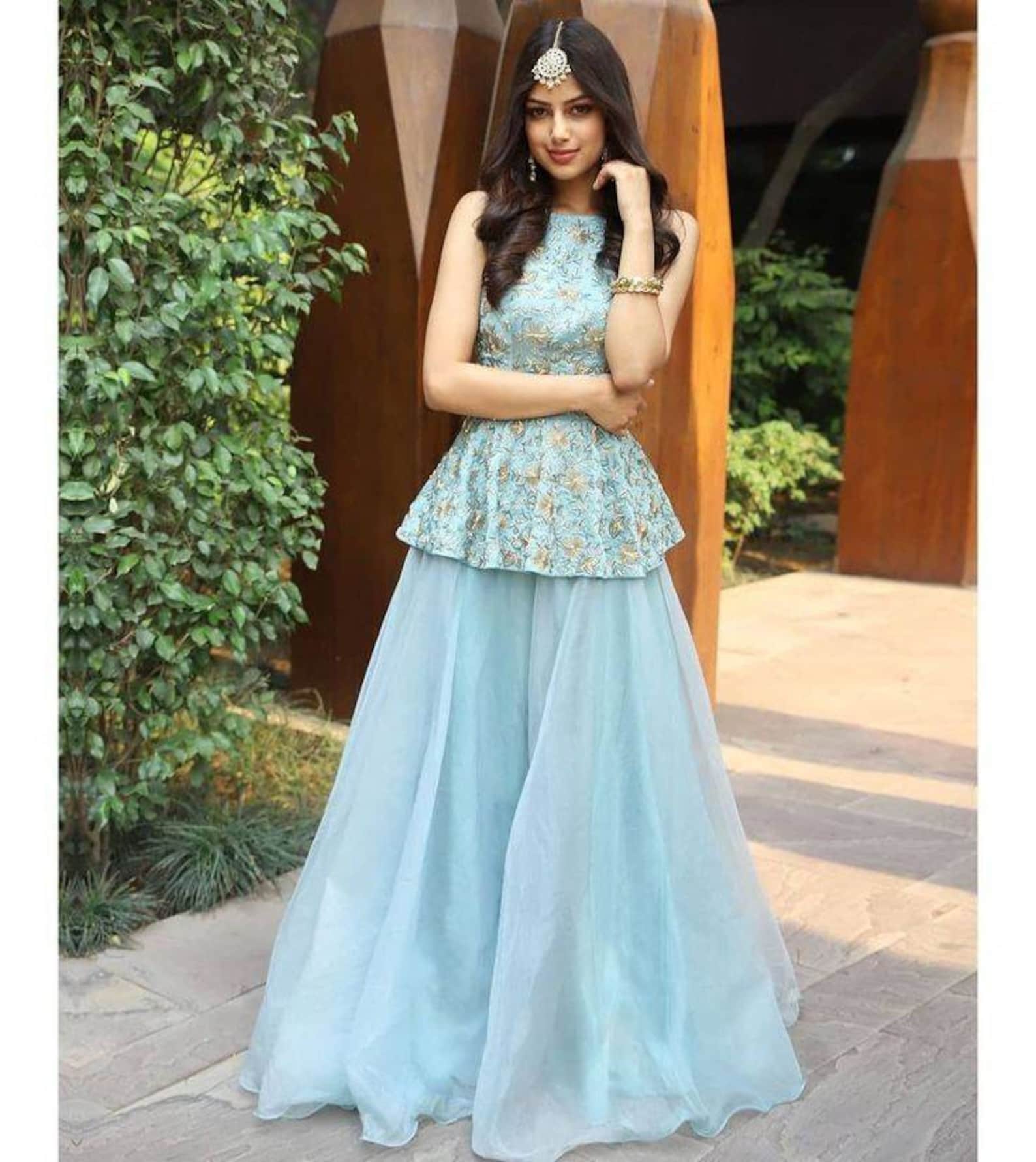 Sky Blue Indian Gown: Net Peplum Top, Organza Palazzo - Etsy