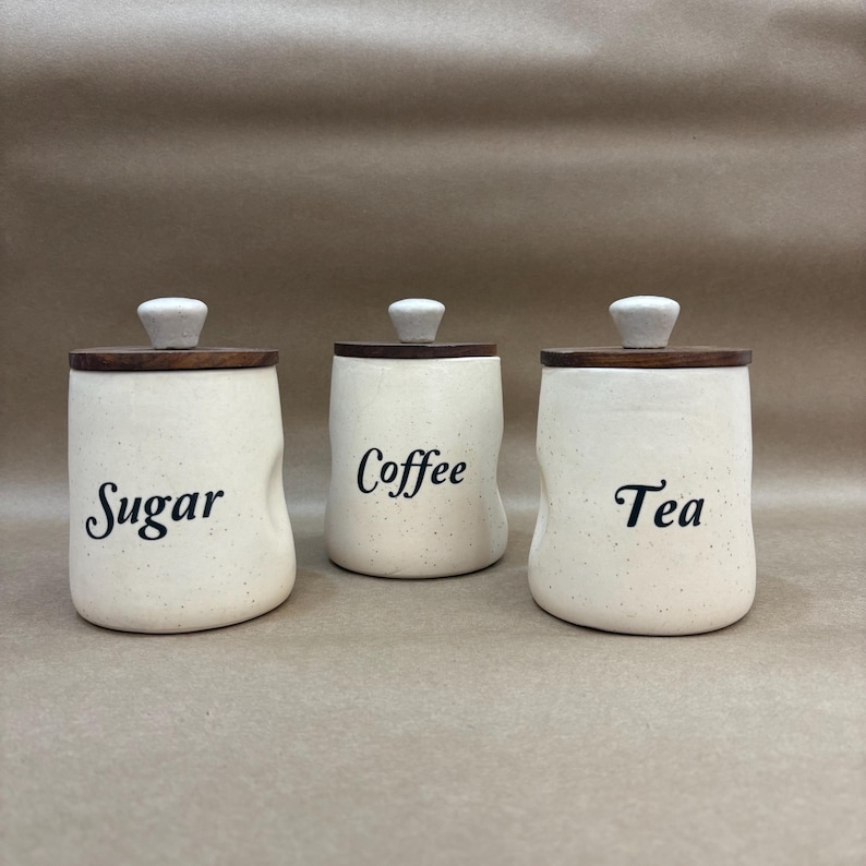 Curvy Ceramic Tea Coffee Sugar Jar Set of 3 – 350ml Airtight Kitchen ...
