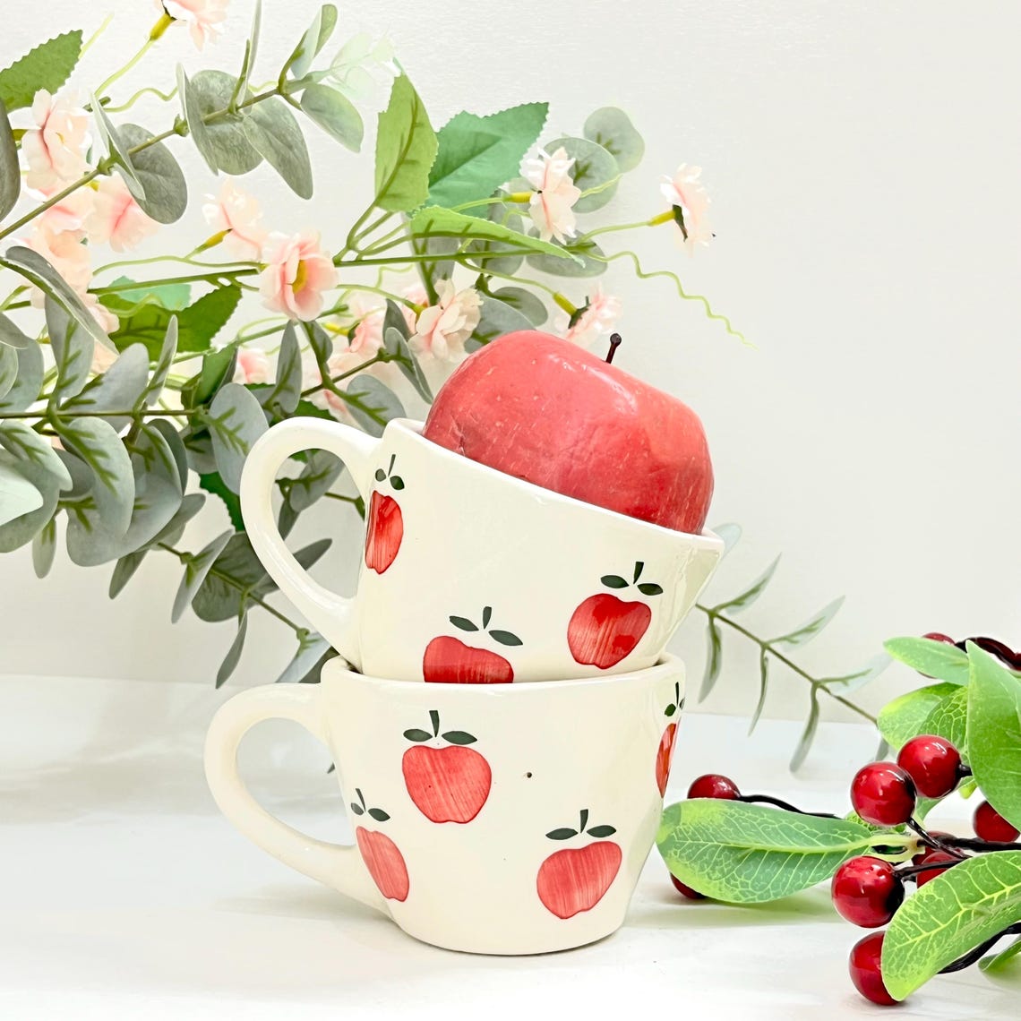 Hand Painted Apple Ceramic Mug – Cute Pottery Coffee Cup, Farmhouse ...