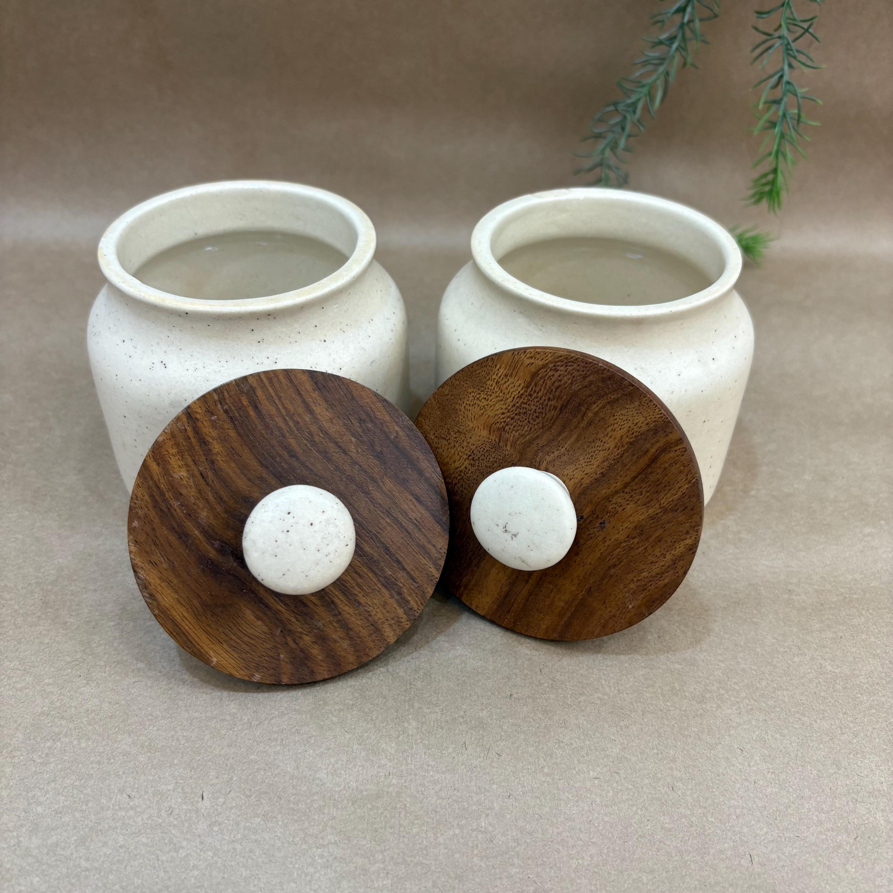 Handmade Ceramic Kitchen Jar Set: Embossed Floral Design, Acacia Wood ...
