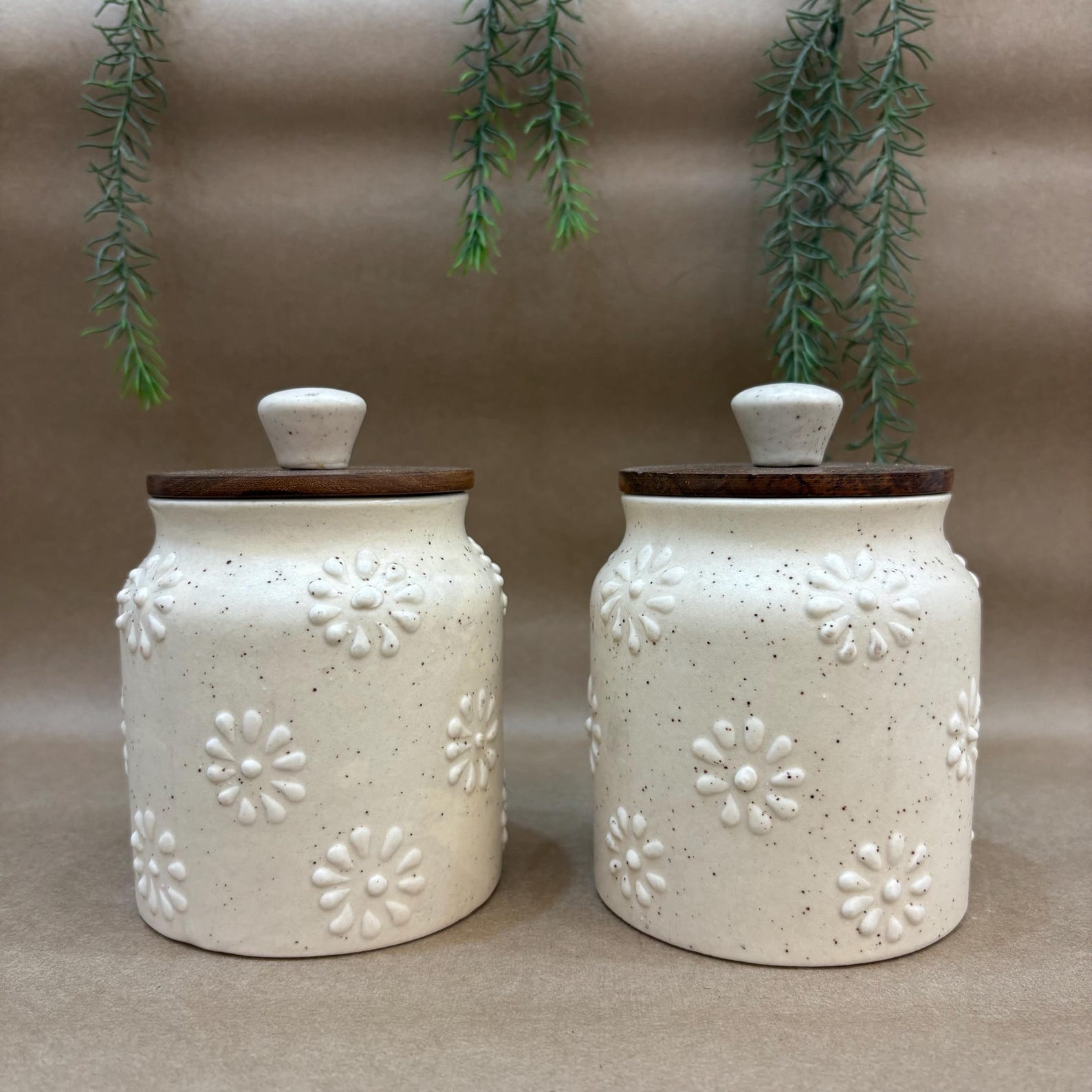 Handmade Ceramic Kitchen Jar Set: Embossed Floral Design, Acacia Wood ...