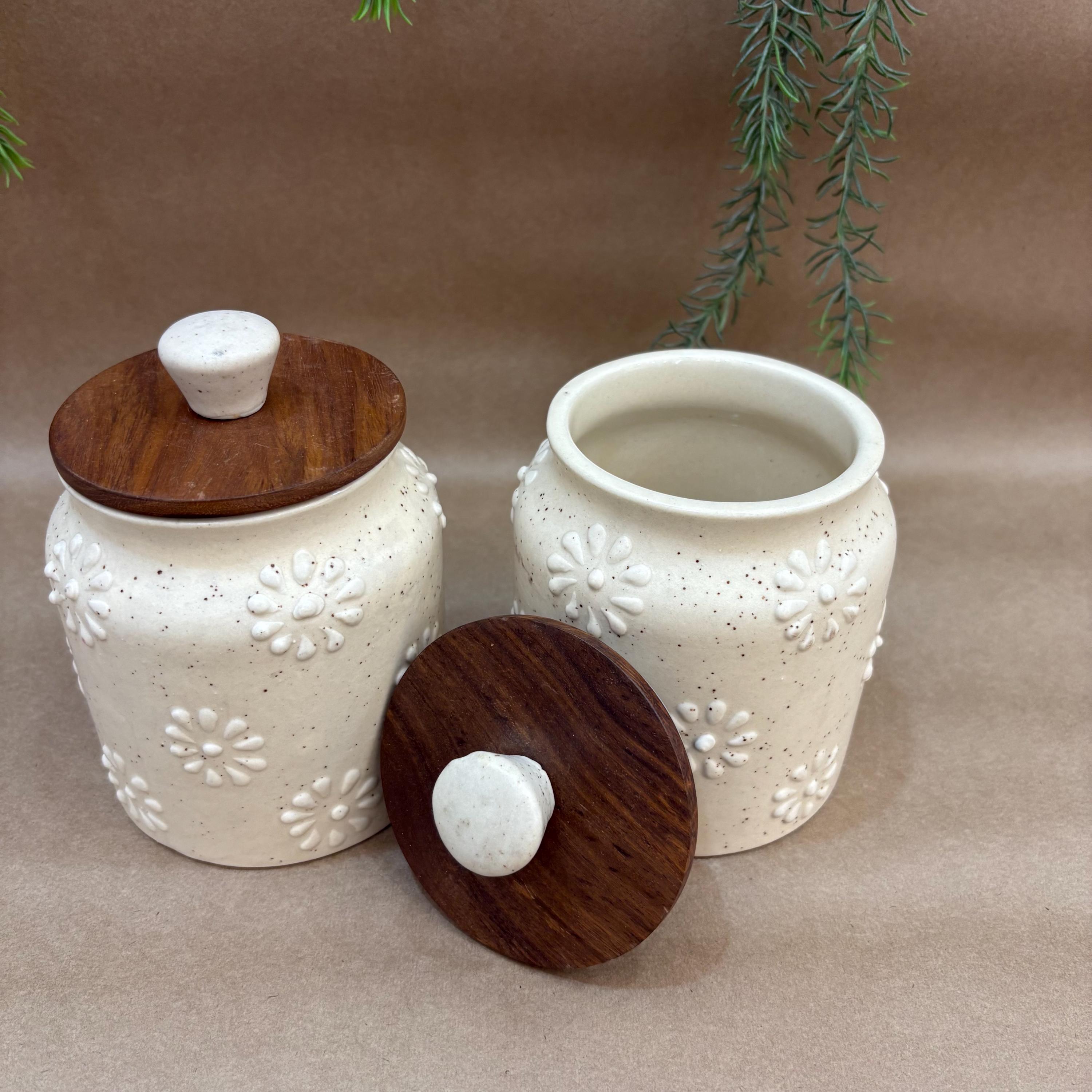 Handmade Ceramic Kitchen Jar Set: Embossed Floral Design, Acacia Wood ...
