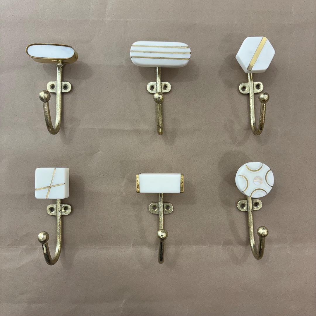 Handcrafted Marble Wall Hooks With Brass Finish - Set of 6 Modern Home ...