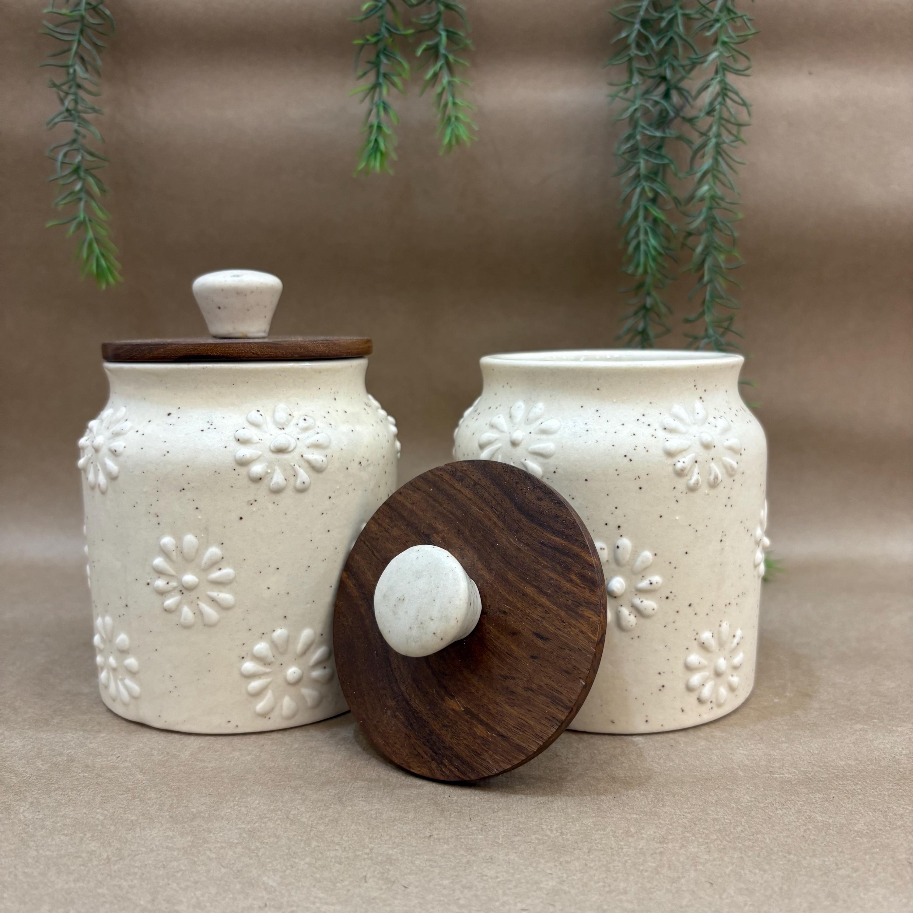 Handmade Ceramic Kitchen Jar Set: Embossed Floral Design, Acacia Wood ...