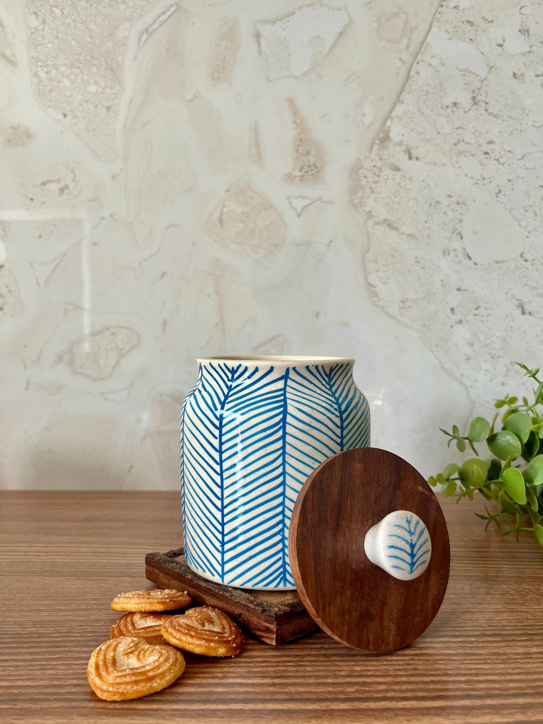Handmade Light Blue Ceramic Jar: Airtight Cookie Container With Wooden ...