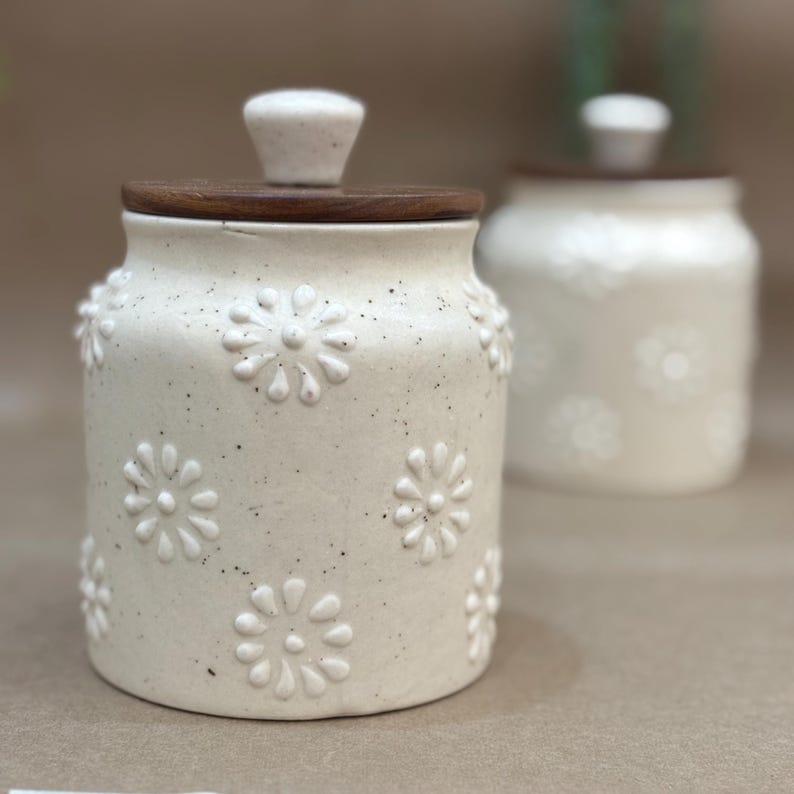 Handmade Ceramic Kitchen Jar Set: Embossed Floral Design, Acacia Wood ...