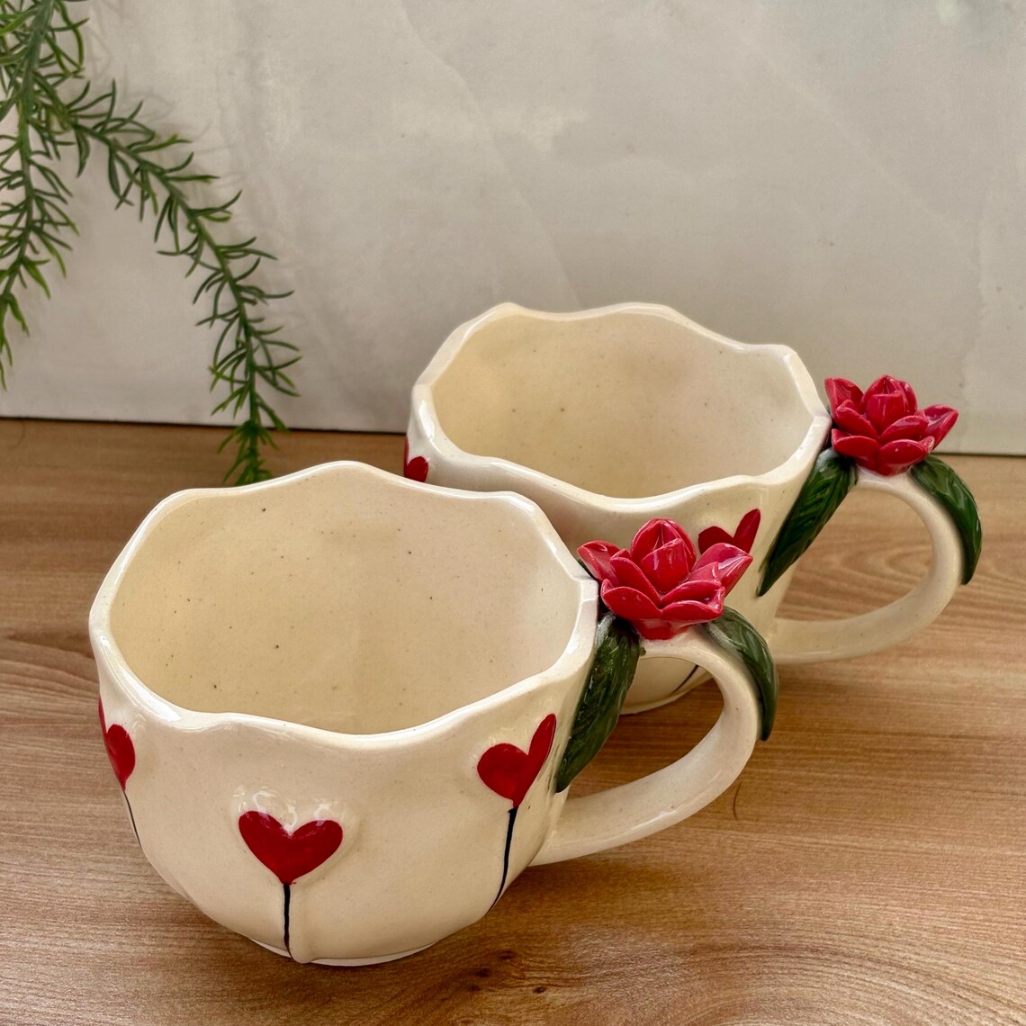 Handmade Floral Ceramic Mug: Heart & Flower Handle, Made in India - Etsy