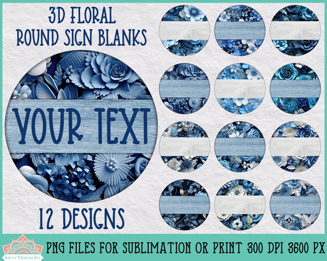 3D Blue Floral Round Sign Blank Backgrounds Bundle for Sublimation or ...
