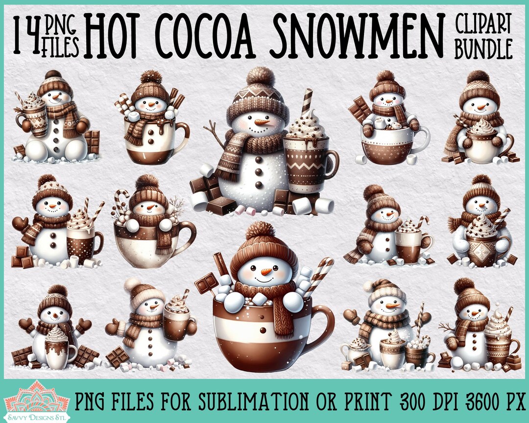 Hot Cocoa Snowmen Clipart Bundle for Sublimation or Print, Snowman ...