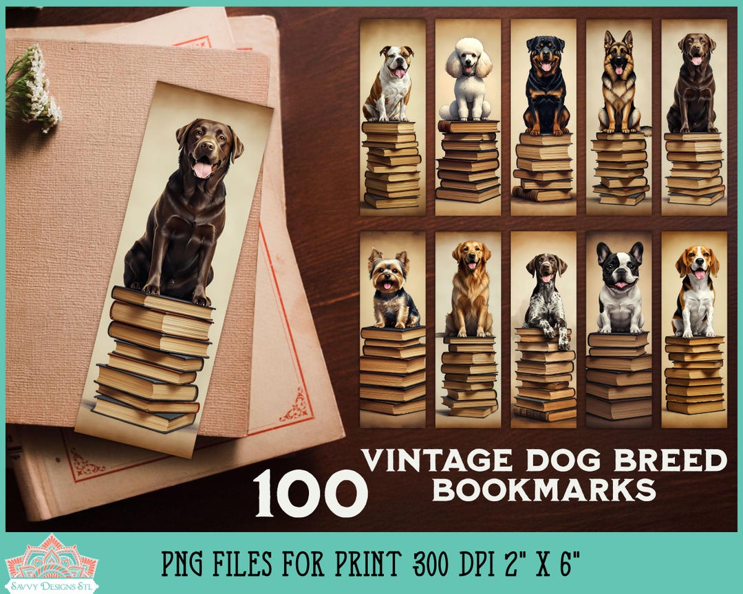 Dog Breed Bookmark Bundle, Vintage Bookmark Printable PNG, Print and ...