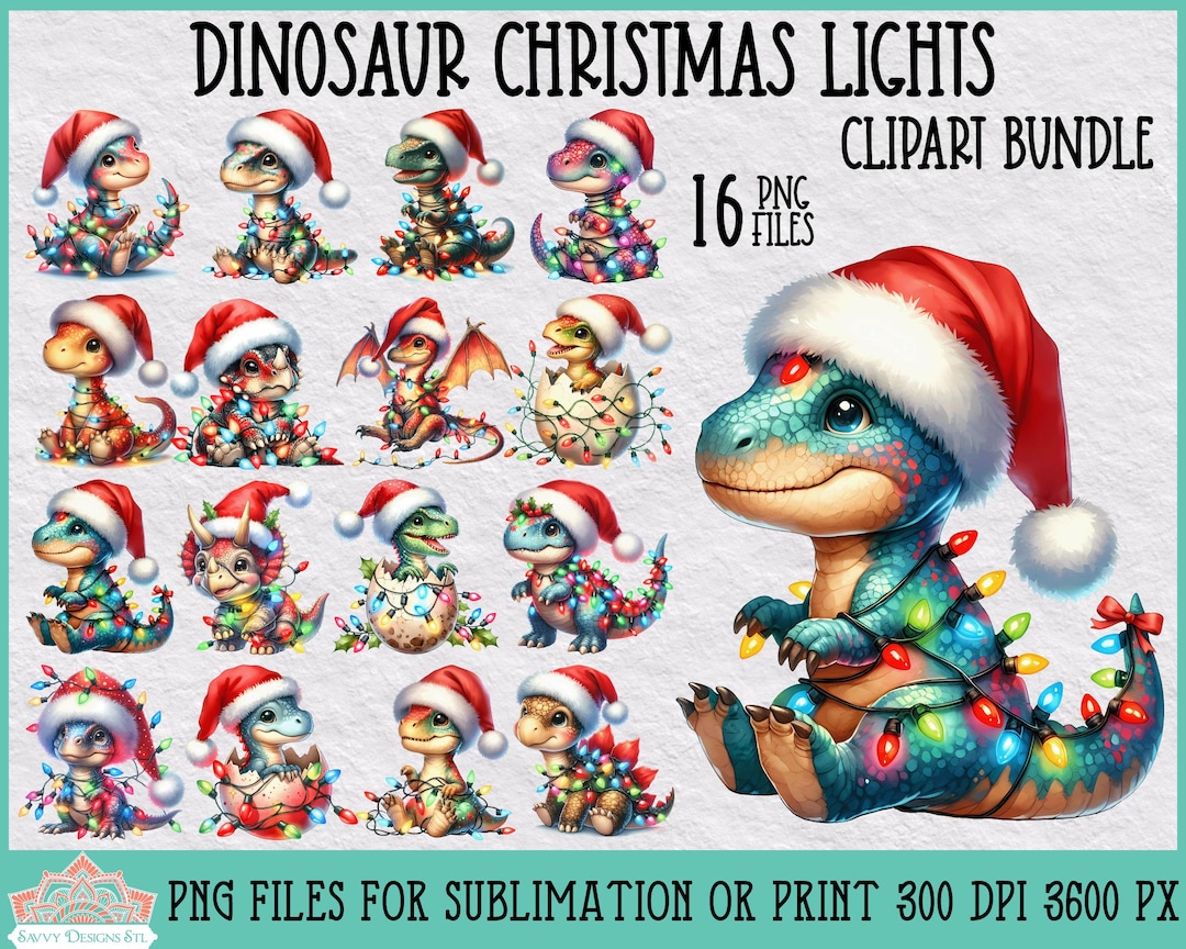 Dinosaur Christmas Lights Clipart Bundle: 16 PNG Designs (digital ...