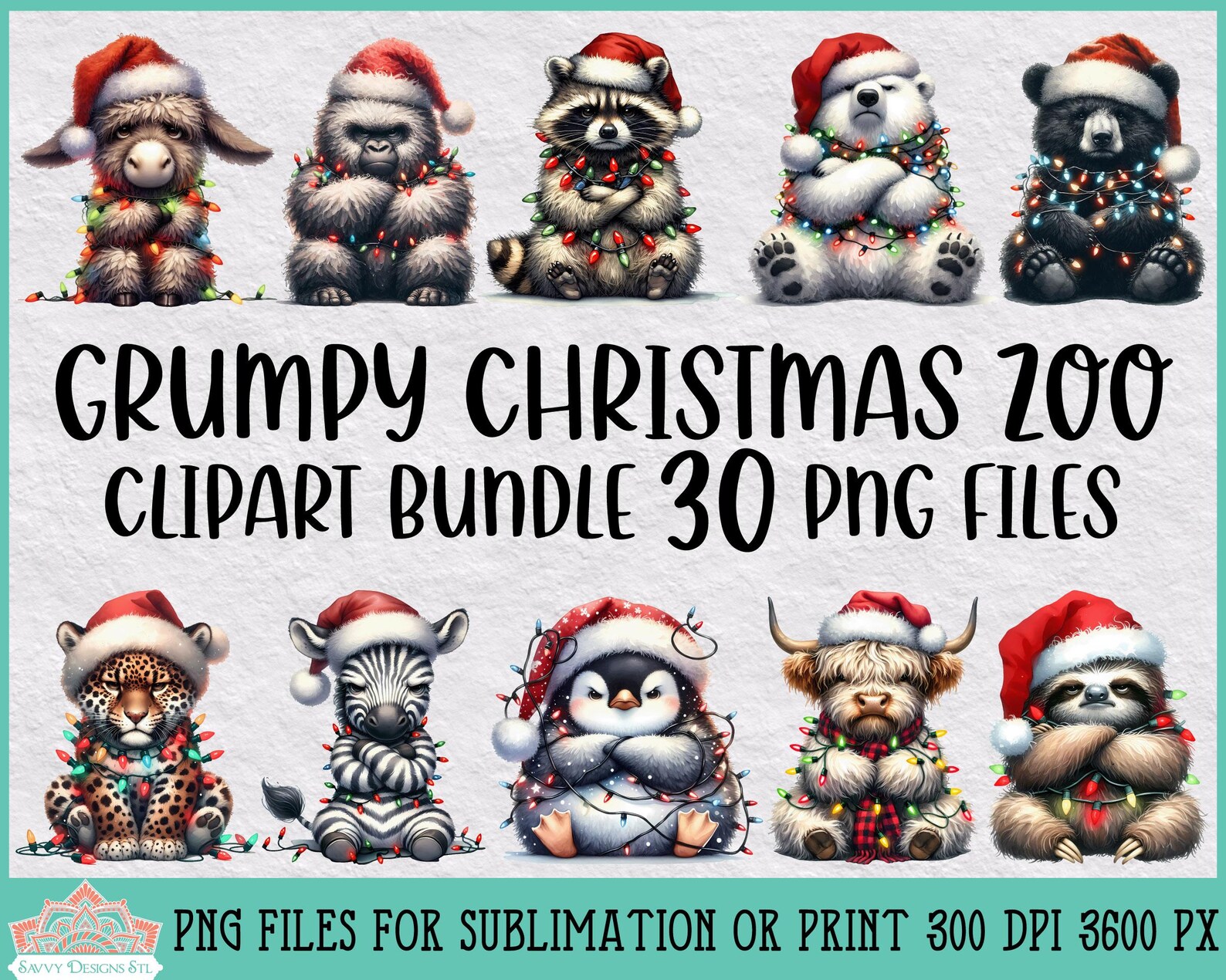 Grumpy Christmas Zoo Clipart Bundle for Sublimation or Print, Holiday ...