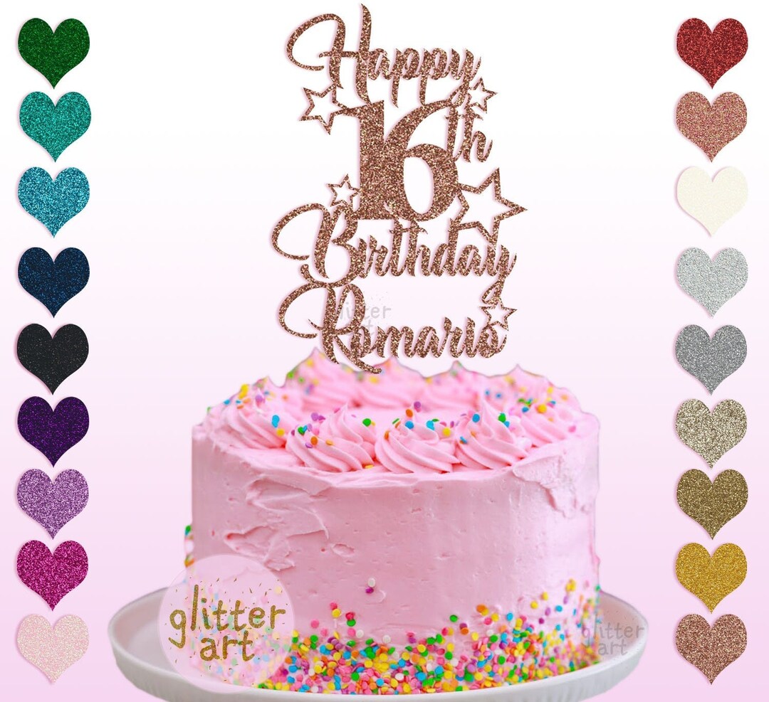 Customised Glitter Cake Topper Happy 16th Birthday Romario Sixteen ...