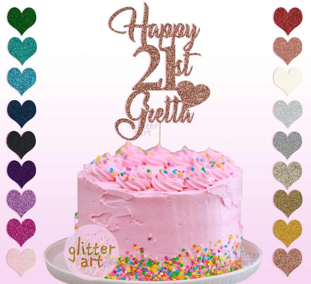 Personalised Happy 21st Birthday Glitter Cake Topper, Custom 21 ...