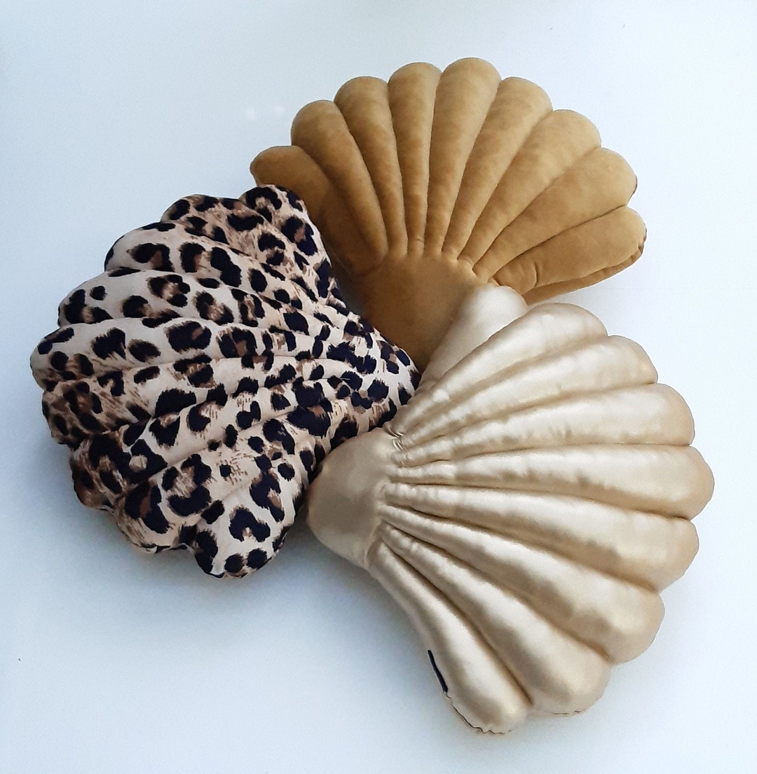 Shell Cushion, Pillow, Leopard Print, Honey Mustard, Gold Leatherette ...